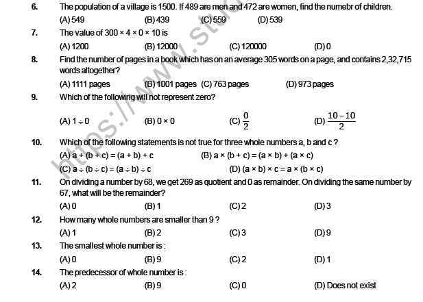 CBSE Class 6 Mathematics Whole Numbers MCQs with Answers CBSE Class 6 Mathematics Whole Numbers MCQs with Answers